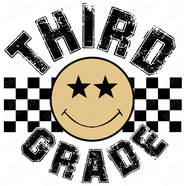'Third Grade' Retro Smiley Face with Checkered Border and Distressed ...