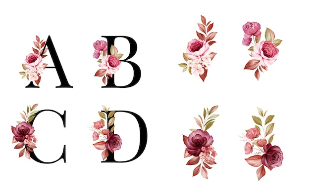 Elegant Floral Alphabet with Burgundy Roses and Leaves | Jiffy Designs