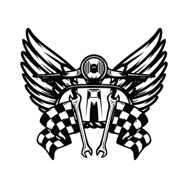Winged Motorcycle Emblem with Checkered Flags and Gears | Jiffy Designs