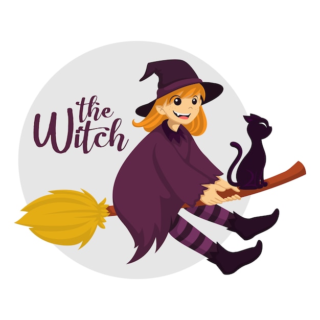 Cheerful Witch Riding Broom with Black Cat | Jiffy Designs