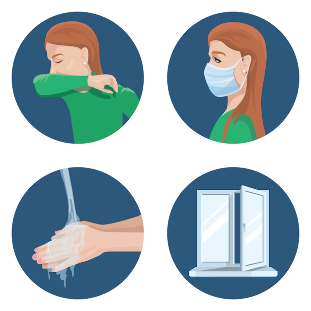 Illustrations of Pandemic Precautions: Coughing, Masking, Handwashing ...