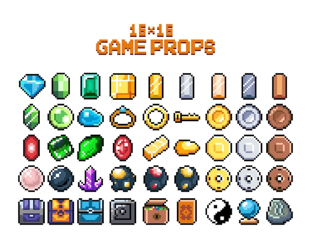 Vibrant Pixel Art Game Item Collection: Gems, Coins, and Power-Ups ...