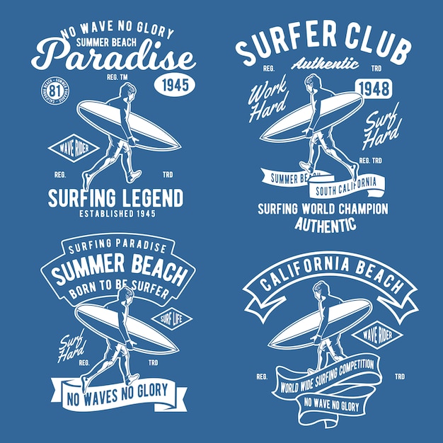Vintage Surfing Badges and Logos with Surfer Silhouettes | Jiffy Designs