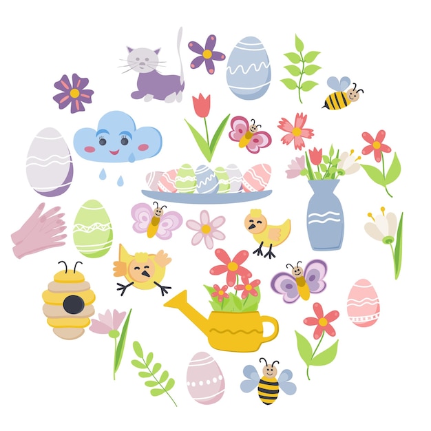 Vibrant Spring Nature Elements with Cute Critters Illustration | Jiffy ...