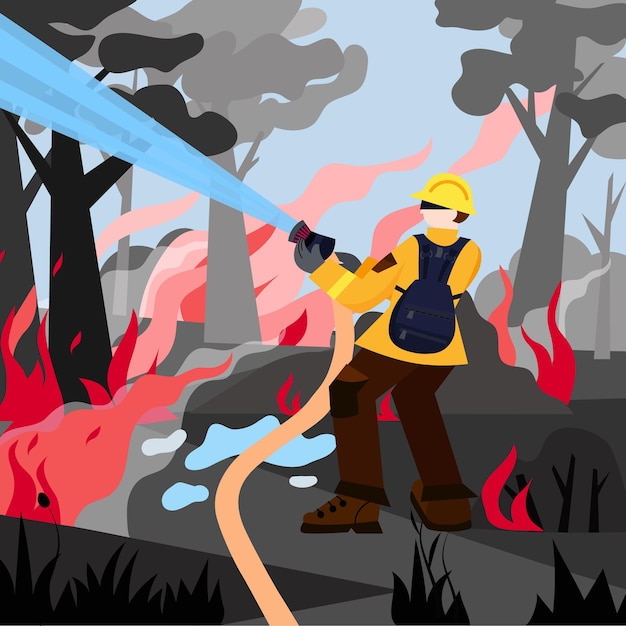 Firefighter Battling Raging Blaze in Smoky Forest Landscape | Jiffy Designs