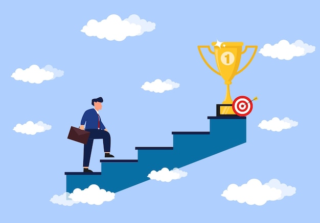 Ambitious Businessman Climbing Stairs to Reach His Goal Trophy | Jiffy ...