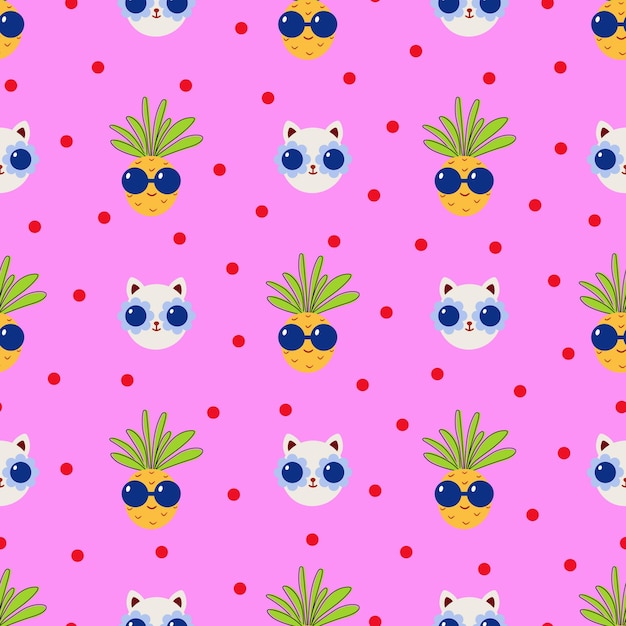 Cute Pineapple and Cat Faces with Polka Dots Pattern | Jiffy Designs