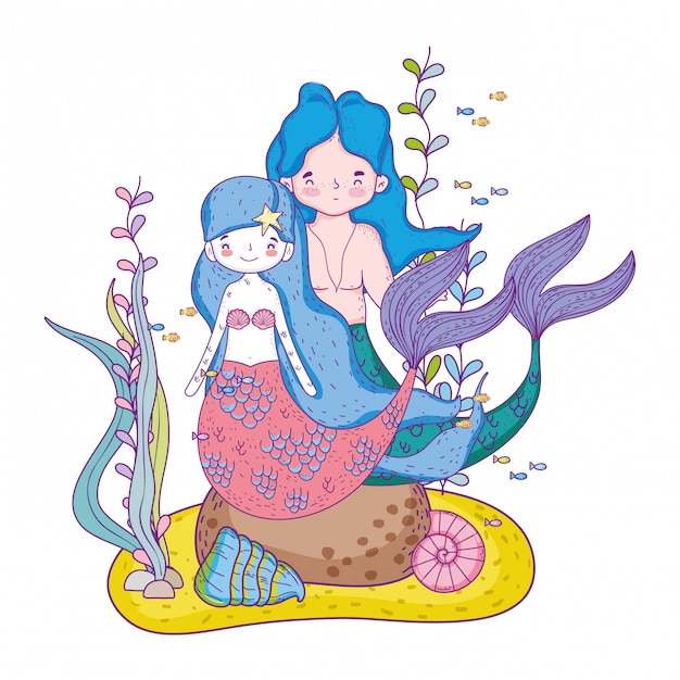 Whimsical Mother and Child Mermaid Illustration with Floral Accents ...