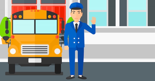 Friendly School Bus Driver Waving Outside Classroom Building | Jiffy ...