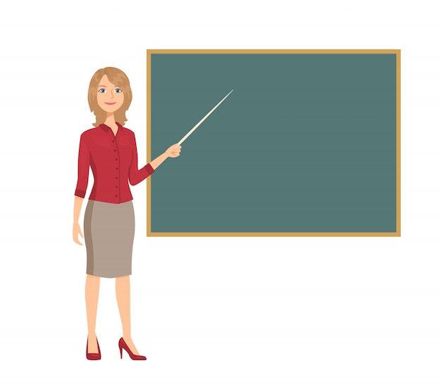 Confident Female Teacher Pointing at Chalkboard in Classroom | Jiffy ...