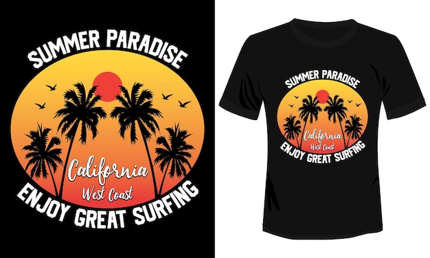 Vibrant California Sunset Landscape with Palm Trees and Surfing Slogan ...