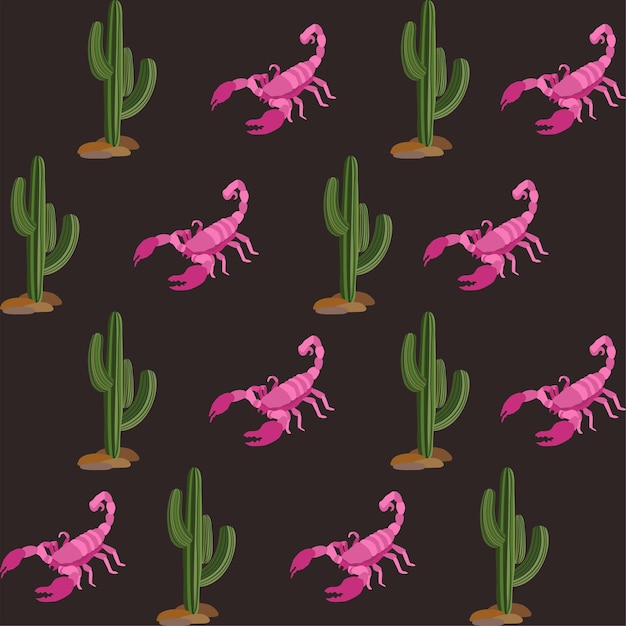 Vibrant Scorpion and Cactus Pattern on Black Background | Jiffy Designs