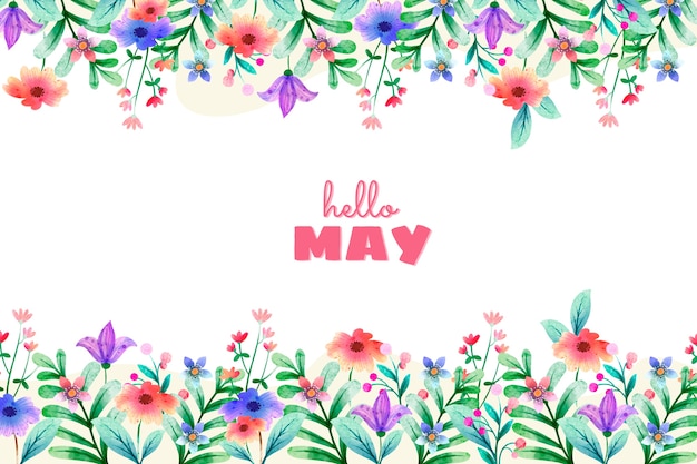 Watercolor Floral Border with 'Hello May' Text Illustration | Jiffy Designs
