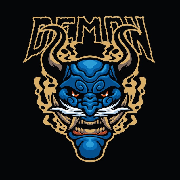 Fearsome Blue Demon Emblem with Ornate Golden Accents | Jiffy Designs