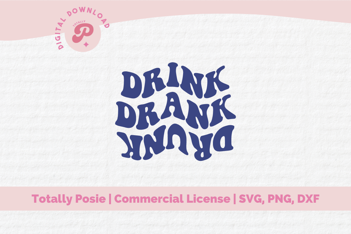 'Drink Drank Drunk' Groovy Retro-Inspired Typography in Bold Navy Blue | Jiffy Designs