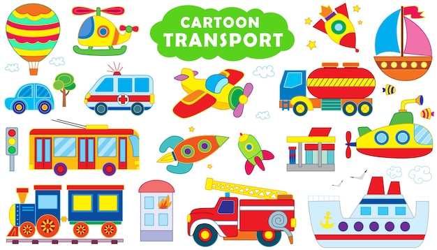 Vibrant Collection of Cartoon Transport Vehicles and Accessories ...