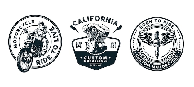 Vintage Motorcycle Badges with Bold Typography and Iconic Imagery ...