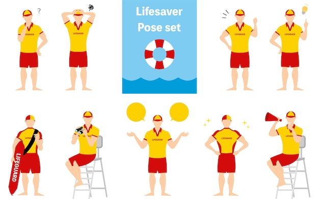 Vibrant Lifesaver Pose Set with Diverse Lifeguard Figures | Jiffy Designs