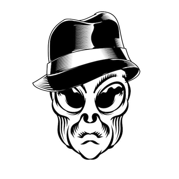 Enigmatic Alien in Vintage Fedora Hat Illustration | Jiffy Designs