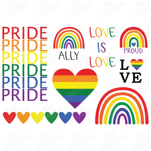 'Pride' and 'Love' Vibrant Rainbow Collection Featuring Hearts and ...