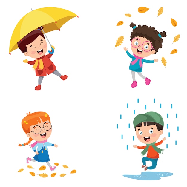 Children Enjoying Different Weather Conditions Cartoon Illustrations ...