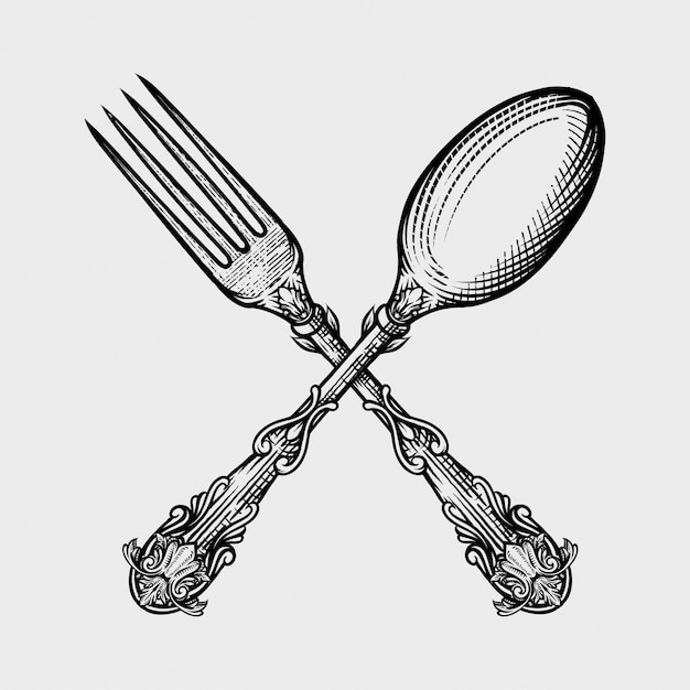 Ornate Crossed Silverware Utensils in Vintage Engraved Style | Jiffy ...