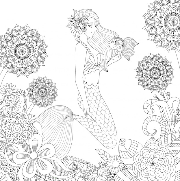 Intricate Mermaid Illustration Amidst Ornate Floral Mandalas | Jiffy ...