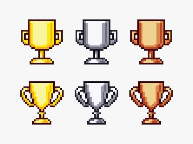 Retro Pixel Art Trophy Collection: Gold, Silver, and Bronze Cups ...