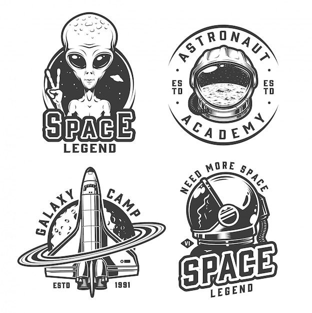 Vintage Space Exploration Badges with Alien, Shuttle, and Astronaut ...