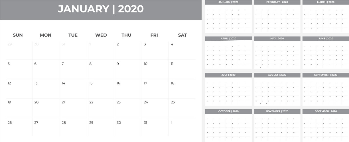 2020 Calendar - Illustration. Template. Mock Up Week Starts Sunday ...