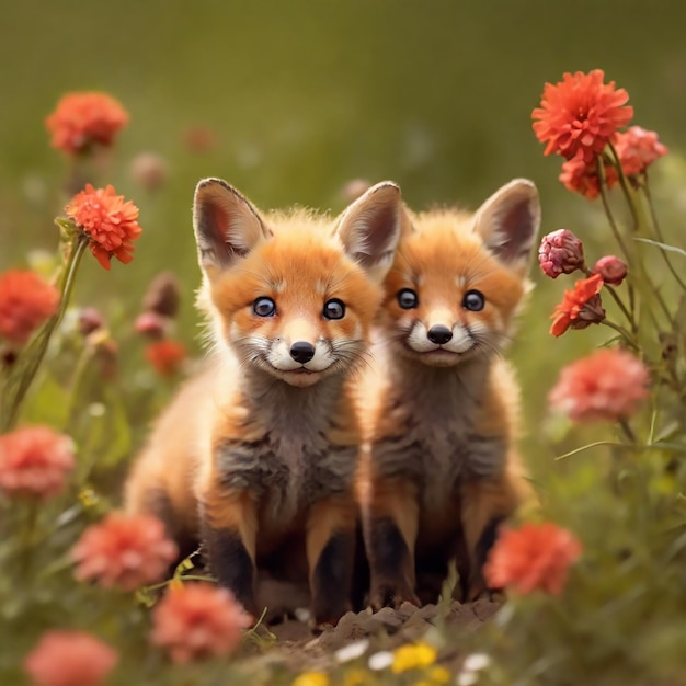 Adorable Fox Kits Amid Vibrant Floral Blooms | Jiffy Designs
