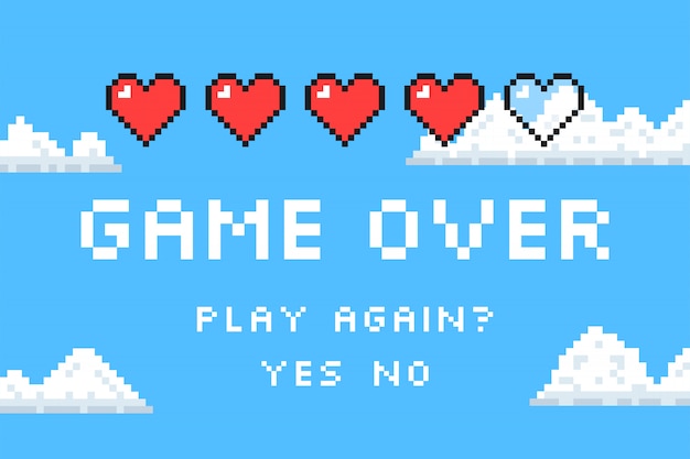 Retro Pixel Art Game Over Screen with Hearts | Jiffy Designs