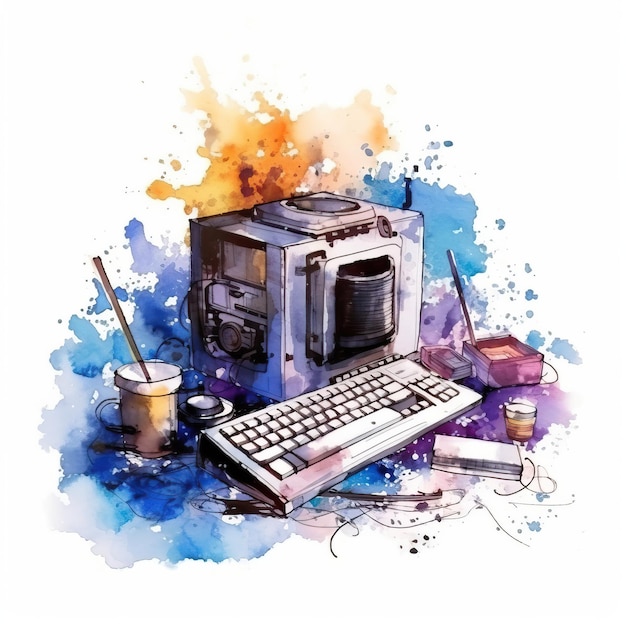 Vintage Computer Workstation with Vibrant Watercolor Accents | Jiffy ...