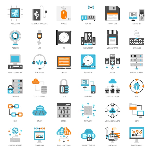 Diverse Collection of Technology and Network-Themed Vector Icons ...