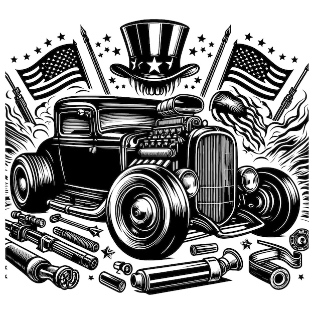 Patriotic Hot Rod with American Flags and Uncle Sam Hat | Jiffy Designs