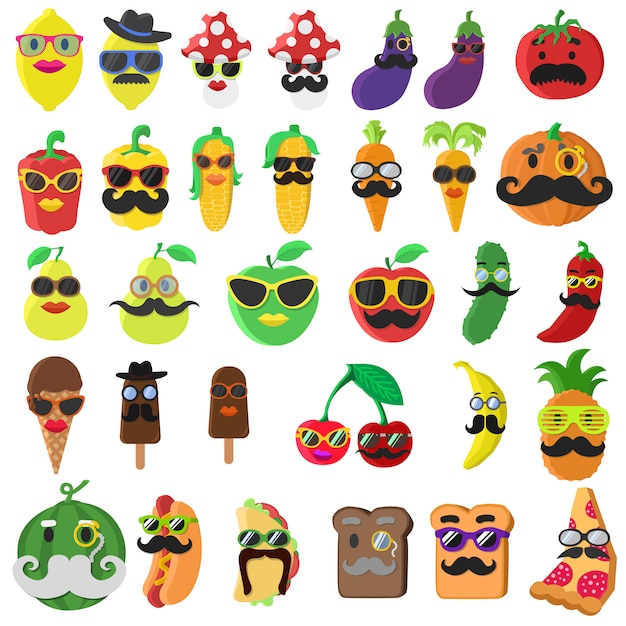 Vibrant Fruit and Vegetable Emojis with Quirky Mustache Designs | Jiffy ...