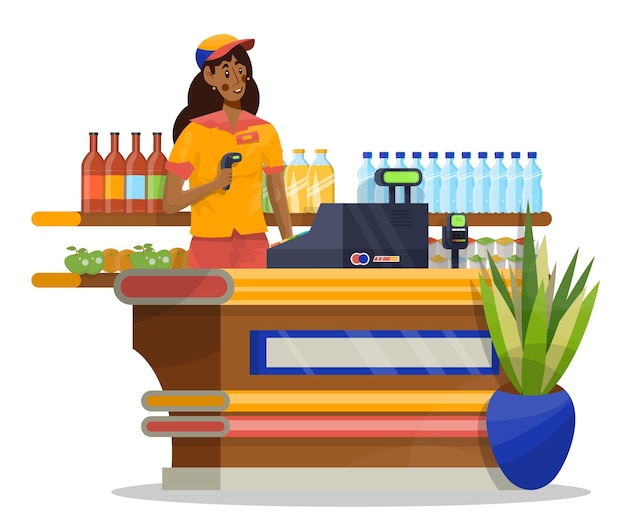 Cheerful Cashier Handling Grocery Checkout at Local Market | Jiffy Designs