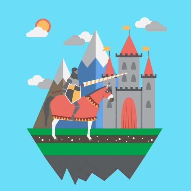 Whimsical Medieval Castle and Knight on Floating Island Illustration ...