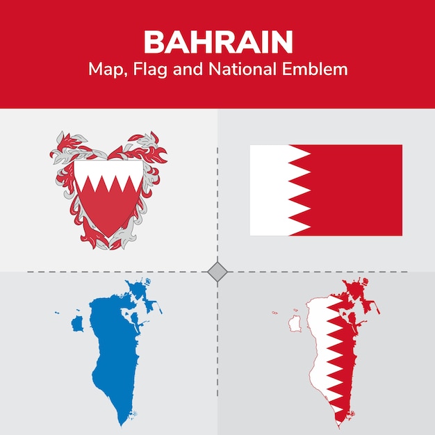 Vibrant Symbols of Bahrain: Map, Flag, and National Crest | Jiffy Designs
