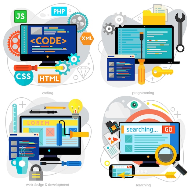 Colorful Coding and Programming Illustrations with Icons | Jiffy Designs