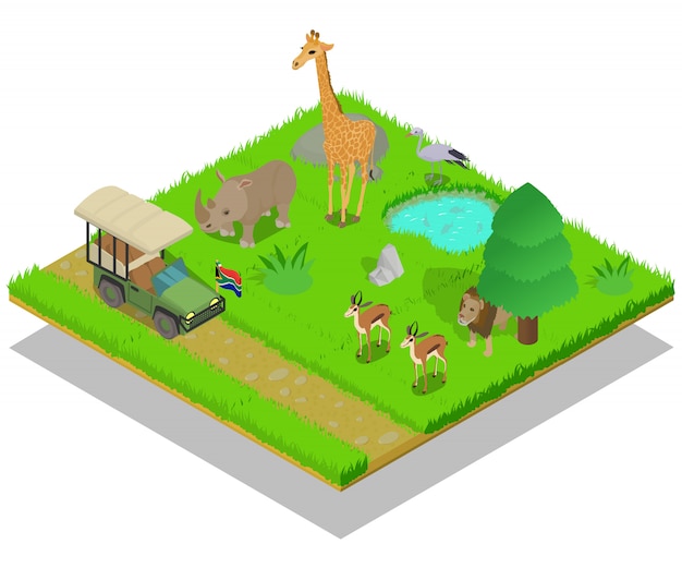 Vibrant Isometric Safari Scene with Diverse Wildlife | Jiffy Designs