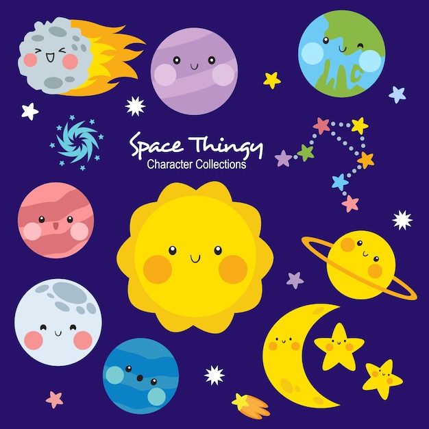 Adorable Space Themed Cartoon Characters and Celestial Objects ...