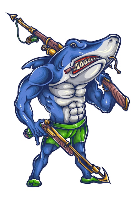 Fierce Shark Warrior Brandishing Futuristic Weapons in Vibrant Colors ...