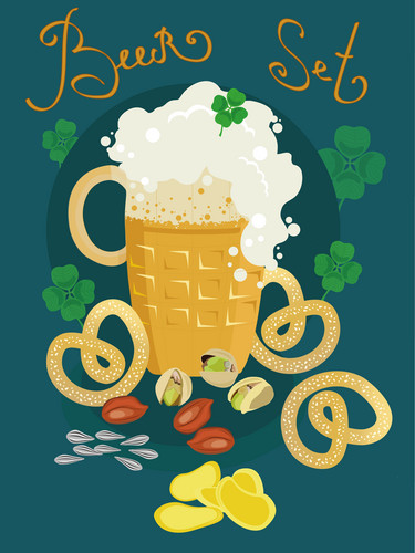 Glass Of Cold Foamy Beer With Snacks And Nuts, Decorated With Clover ...