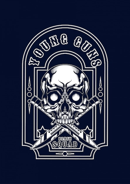 Gritty Skull Emblem with Crossed Guns and Vintage Styling | Jiffy Designs