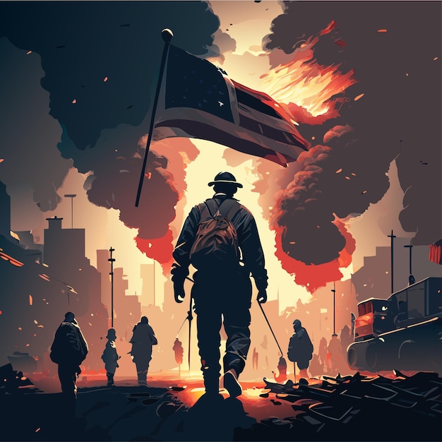 Heroic Resistance: Soldiers March Amidst Fiery Cityscape | Jiffy Designs