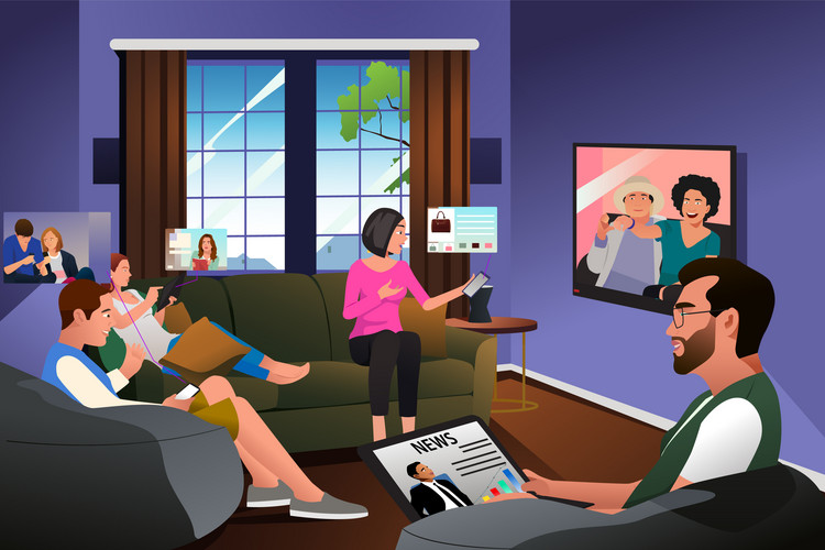 A Vector Illustration Of Family Using Technology At Home During ...