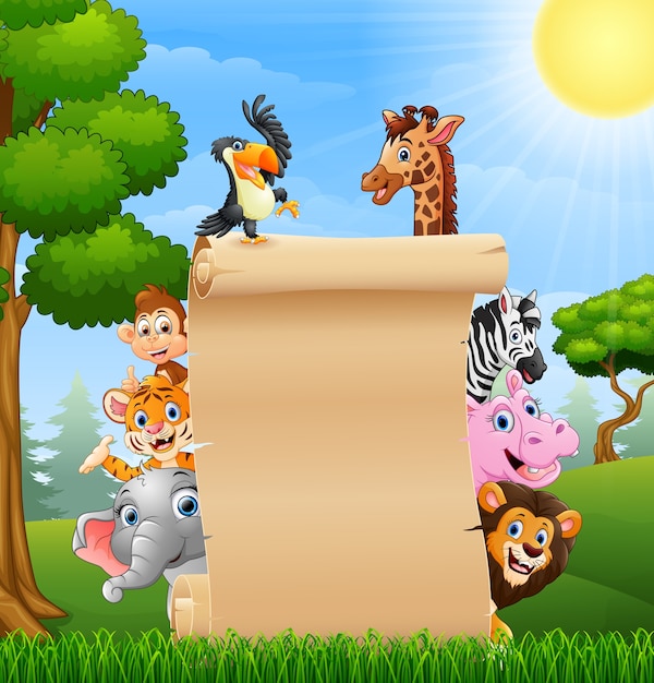 Vibrant Safari Animals Surround Blank Scroll in Lush Landscape | Jiffy ...