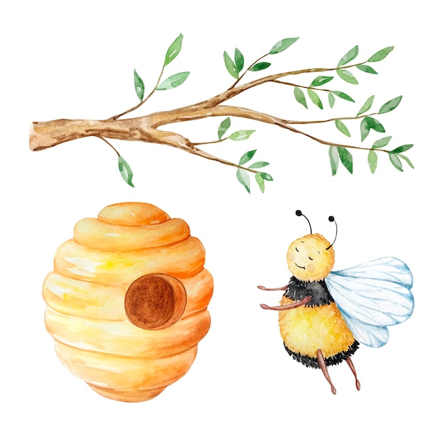 Charming Bee and Beehive Watercolor Illustration | Jiffy Designs