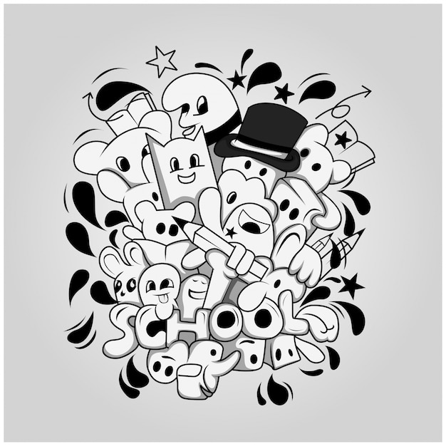 Playful Monochrome Doodle Creatures Clustered Together | Jiffy Designs
